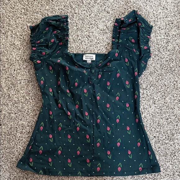 Unique Vintage | Tops | Unique Vintage Dark Green Floral Blouse | Poshmark
